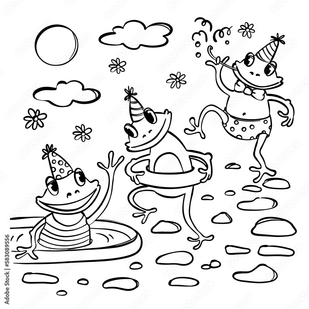 FROG POOL PARTY COLORING BOOK Funny Amphibians In Caps In The Pool With ...