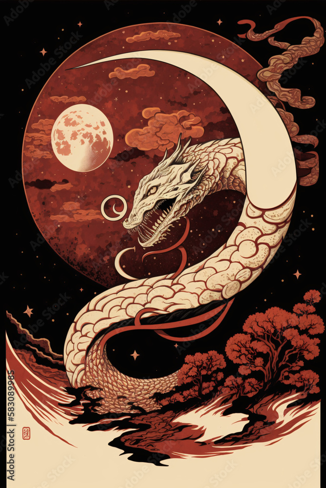 Coloured Cosmic Serpent Japanese Style, Japanese Paiting, Japanese ...