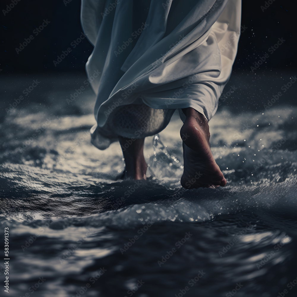 Closeup of the feet of Jesus walking on water. Generative AI. Stock ...