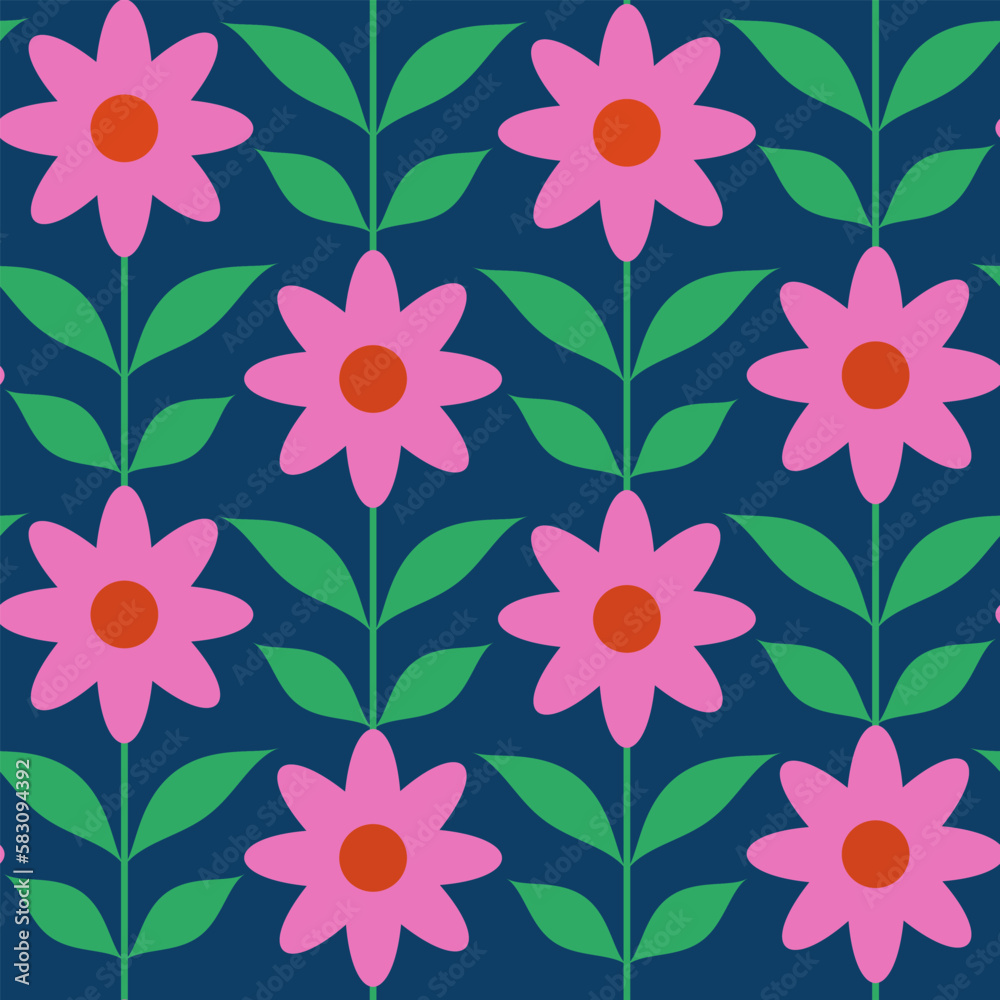 Retro Groovy Pink Flowers with Green leaves seamless pattern on dark ...