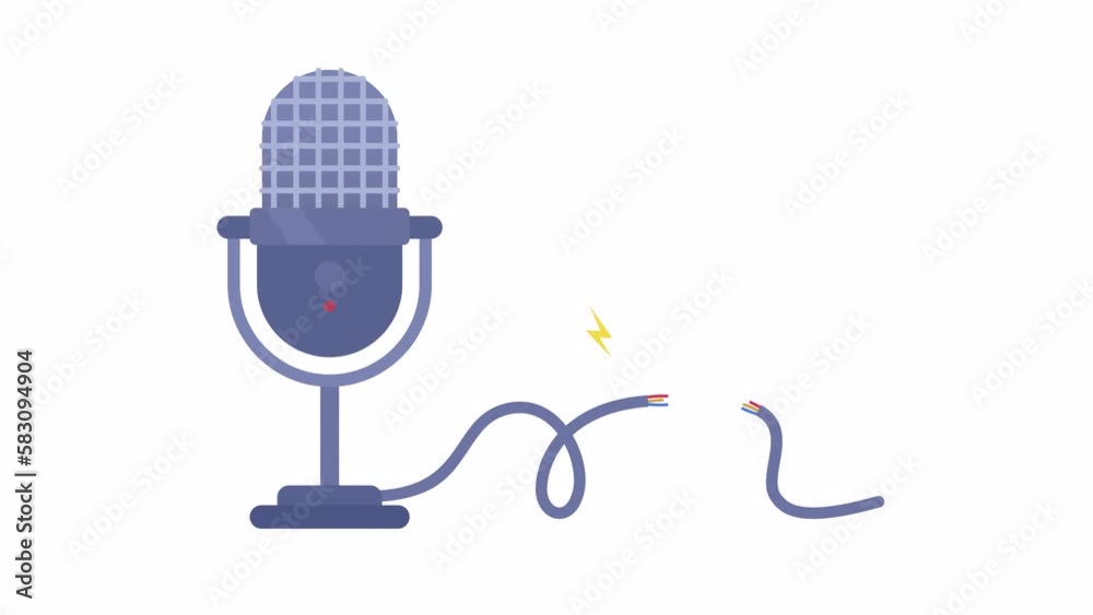 Animated microphone with broken wire. Mic device with damaged cable ...