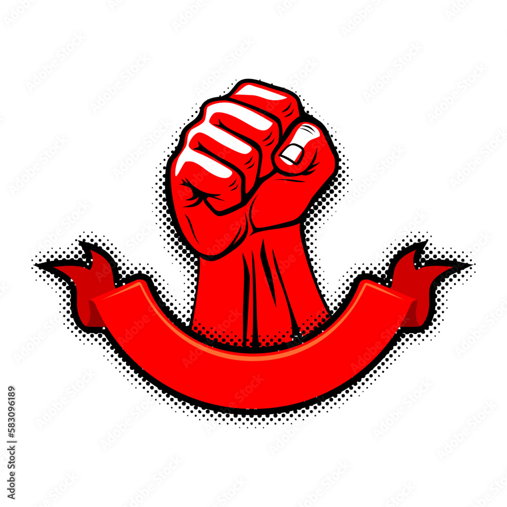Raised clenched fist with red ribbon for your text. Vector design ...