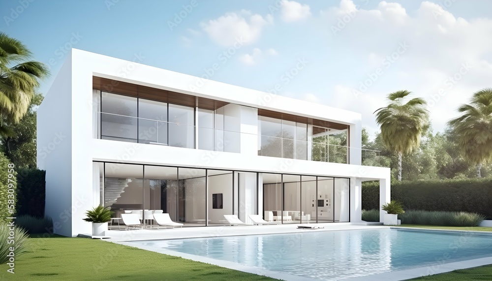 Exterior of a new modern white house with panoramic windows and garden ...