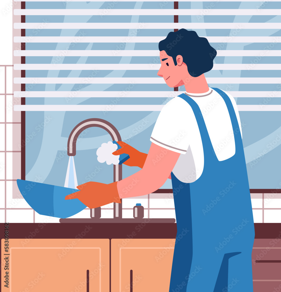 Householder washing dishes in kitchen. Man Helping With Housekeeping ...