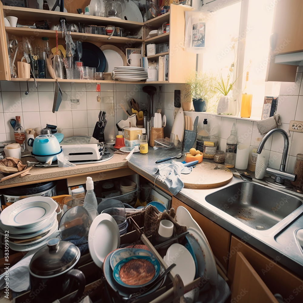 generative ai illustration of kitchen cluttered with dirty dishes Stock ...
