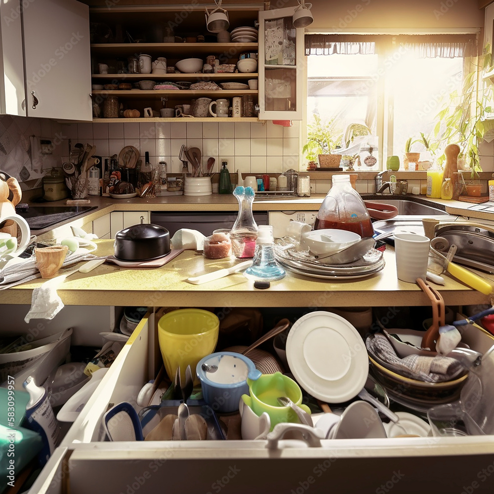 generative ai illustration of kitchen cluttered with dirty dishes Stock ...