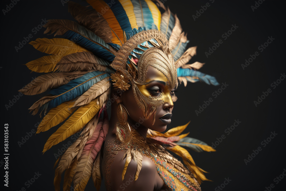 Indian red in traditional costume with a picture, headdress with ...