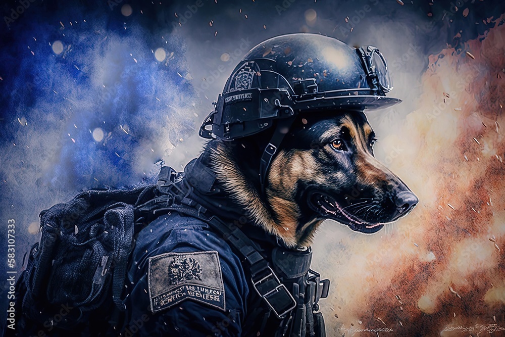 Colorized Close Up Portrait of K9 Police Dog Wearing Helmet and ...