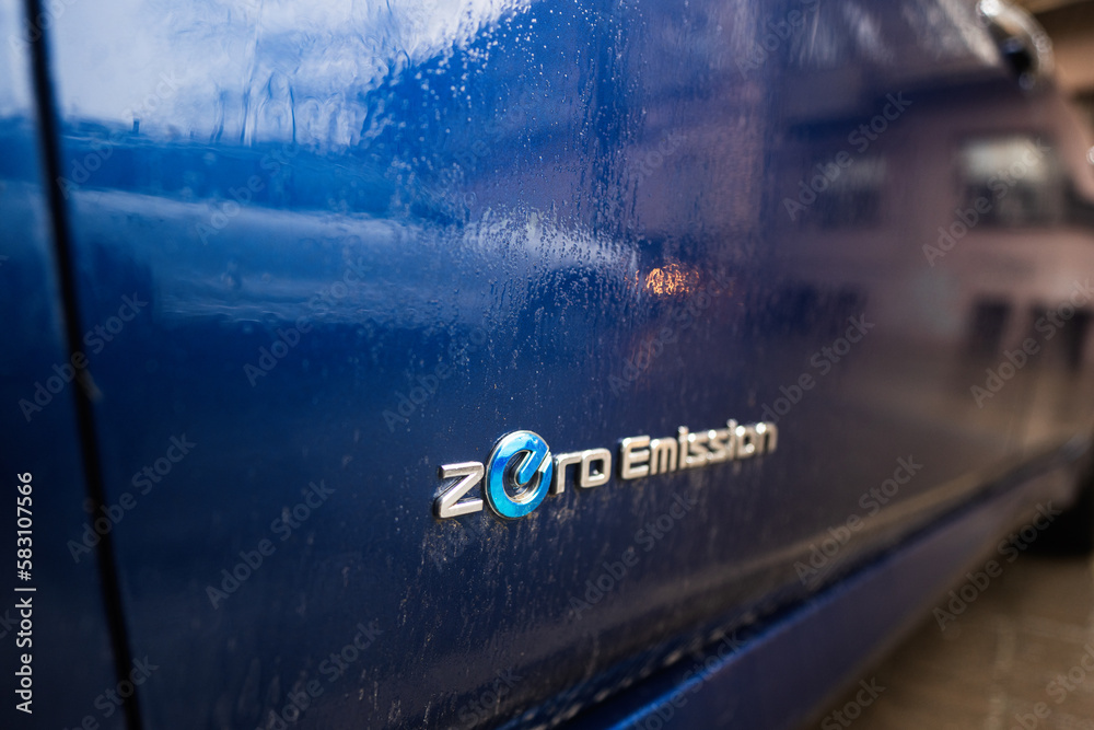 Ivano-Frankivsk, Ukraine - March, 2023: Zero emission logo on a Nissan Leaf electric car. Stock ...
