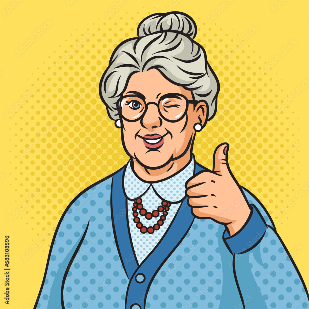 Old granny winking with thumbs up pinup pop art retro vector ...