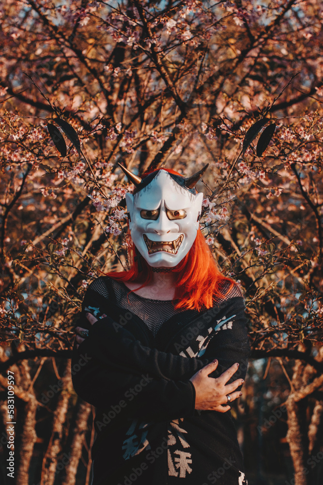 hannya mask in sakura's, japanese art Japanese demon Stock Photo ...