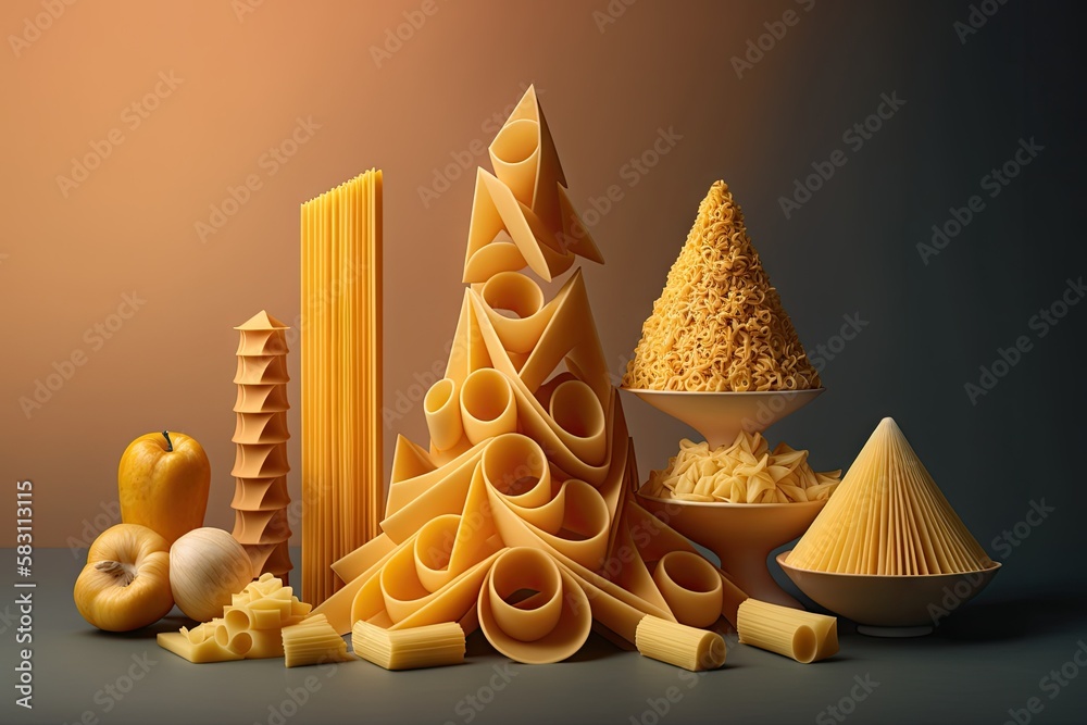 tower of dry pasta, with different shapes and sizes, created with ...