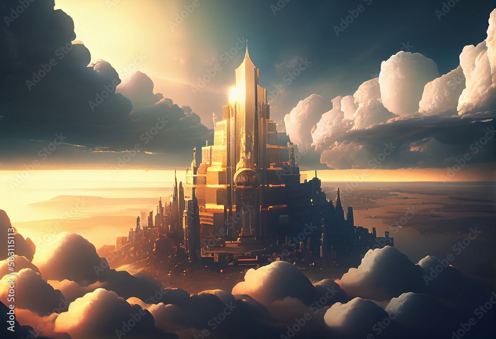 Golden city in the sky, Christian illustration, concept of New ...