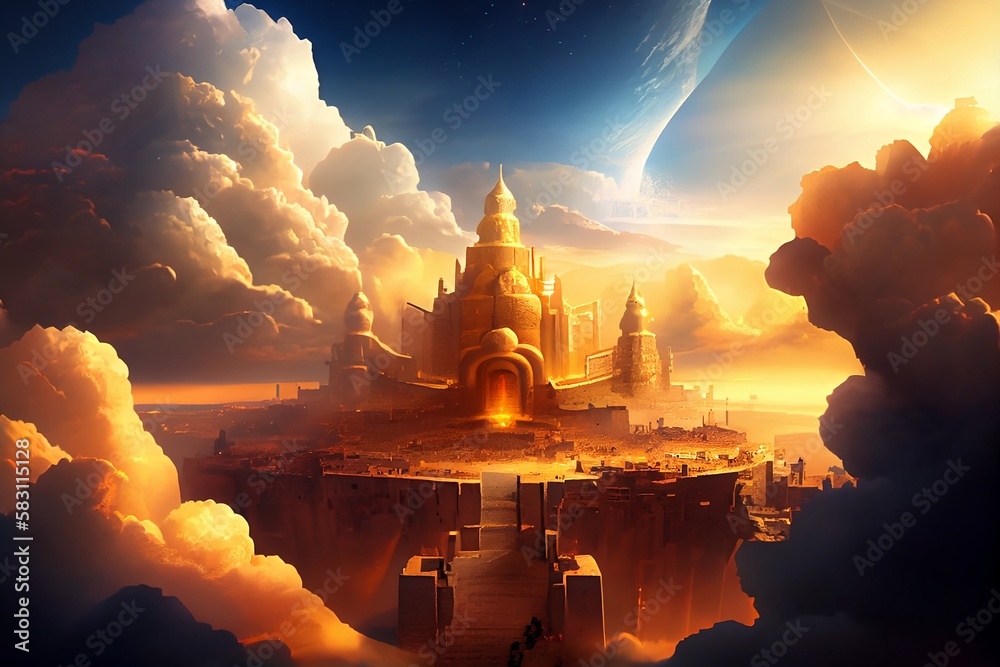 Golden city in the sky, Christian illustration, concept of New ...