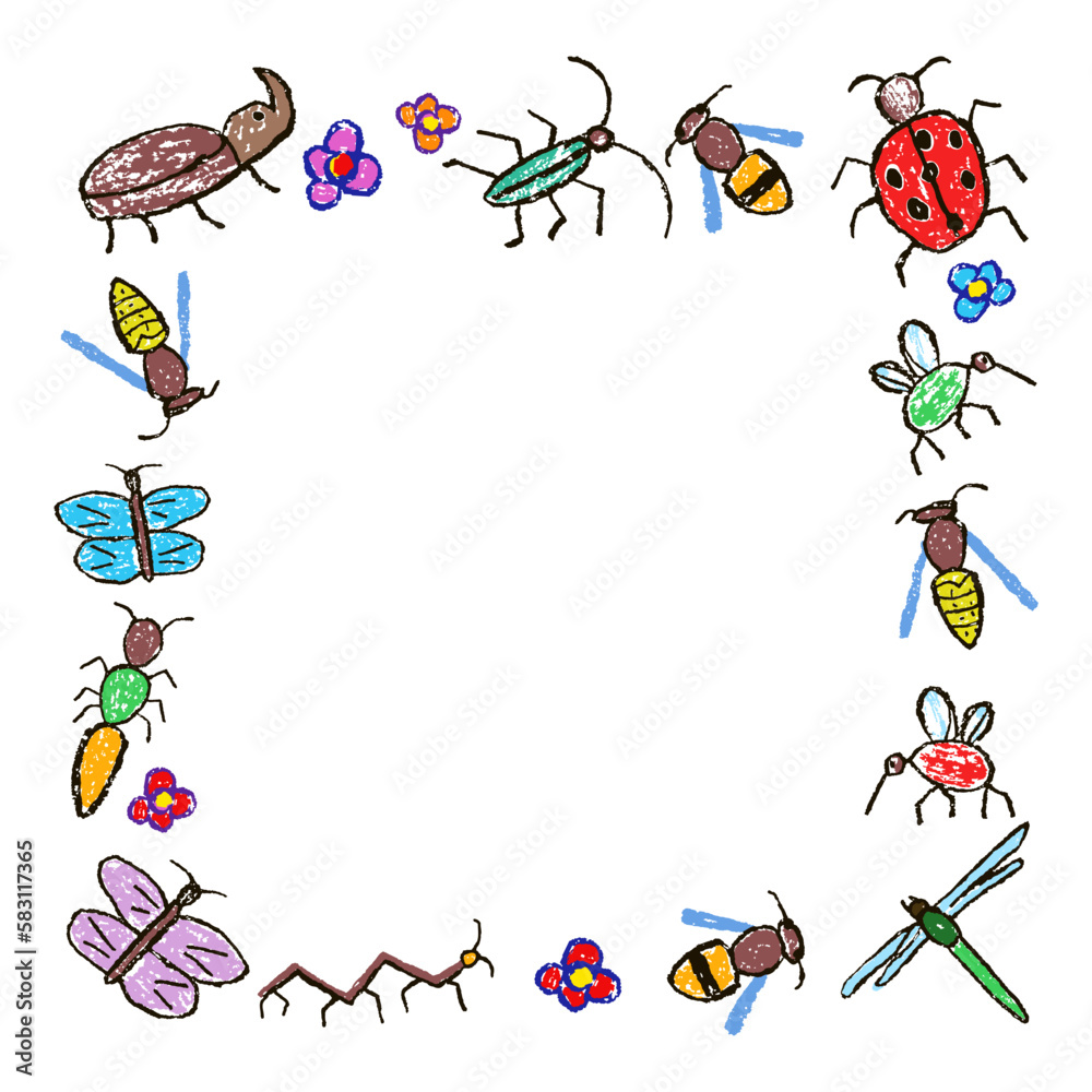 Crazy doodle insects frame background. Crayon like kid`s hand drawn ...