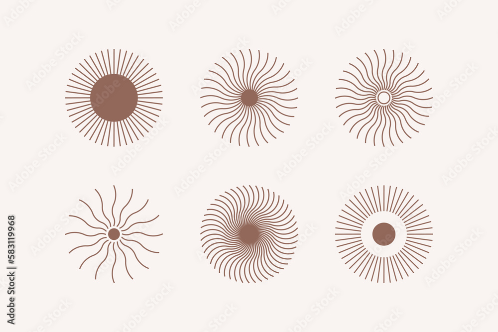 Sun design element. Set of 6 geometric shape. Modern linear design ...