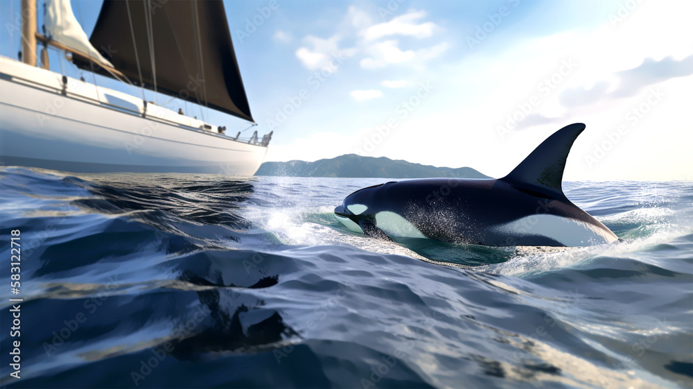 orca swims to a sailboat generative ai Stock Illustration | Adobe Stock