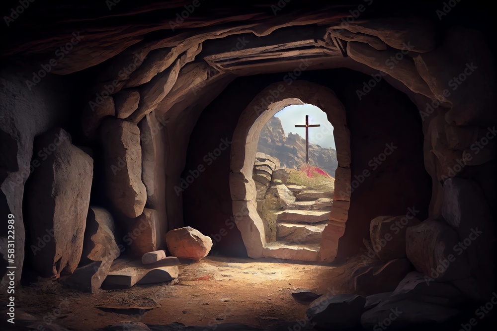 Jesus is risen, illustration of an empty tomb from inside, with a cross ...