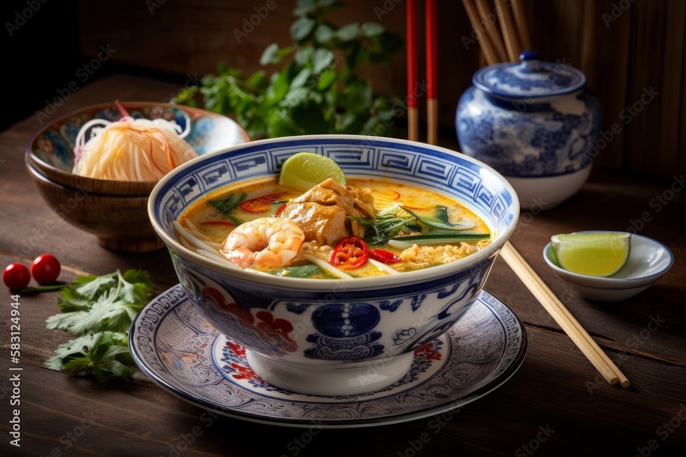 Aromatic and Spicy Laksa Served in a Singaporean Hawker Center Stock ...