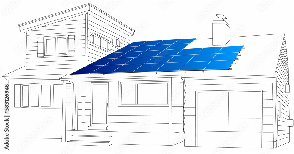 Front view of new modern house with Solar photovoltaic blue panels on a ...