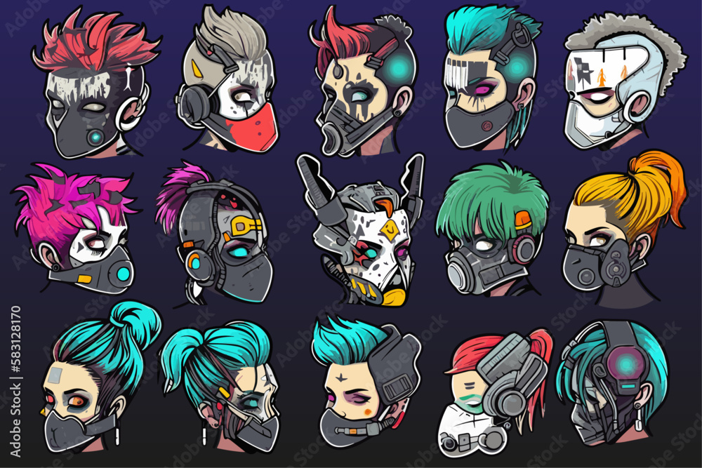 Big vector set of isolated cyberpunk characters. Techno futuristic ...
