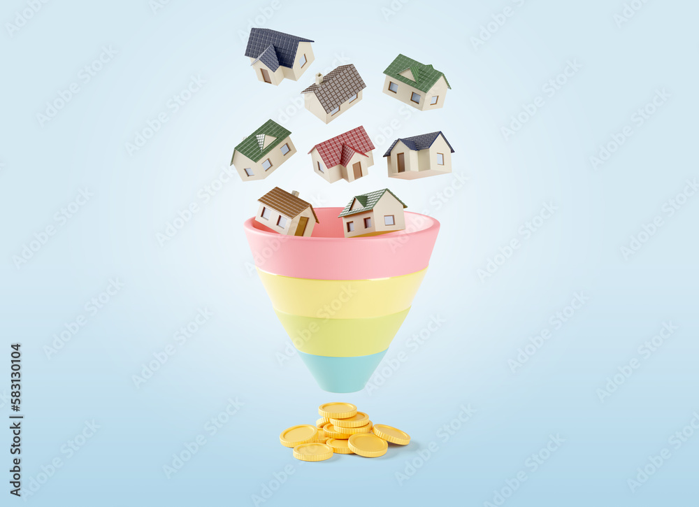 Sales funnel with houses that bring coins as a symbol of profit. 3d ...