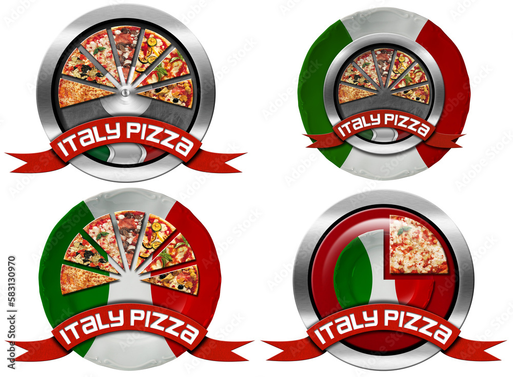 Italy Pizza. Metal icons or symbols with pizza slices, Italian flag and ...