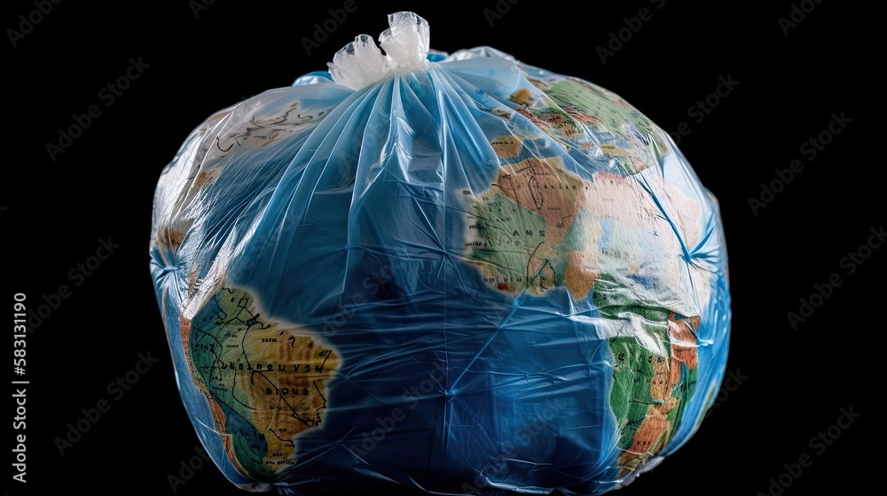 Creative idea of planet earth wrapped into plastic bag or foil, concept ...