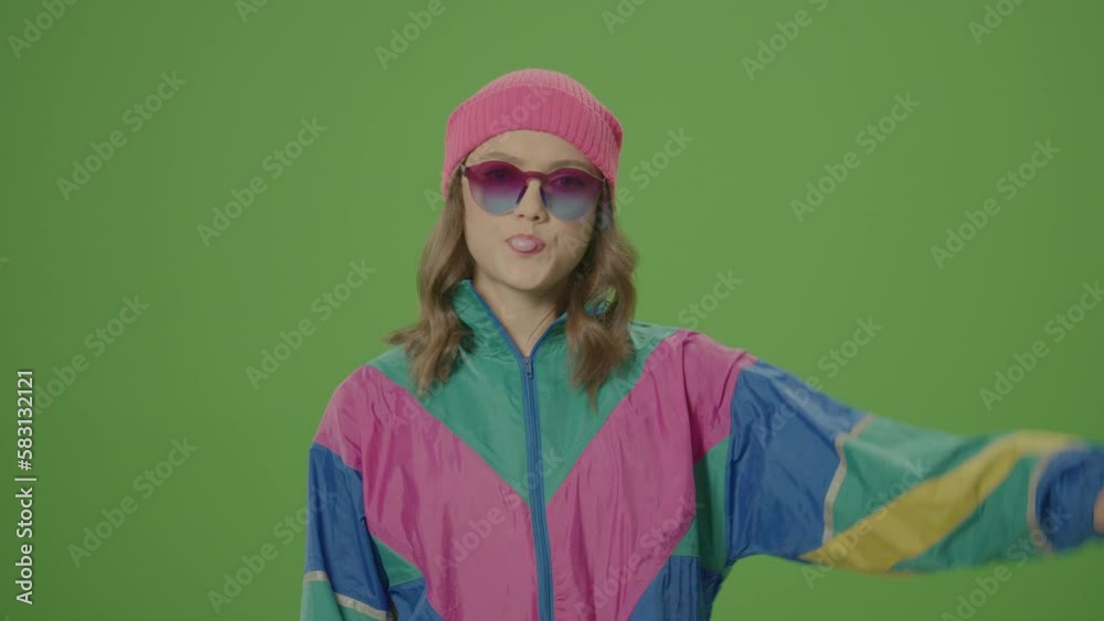 Green Screen. Young Sad Girl of 80-90's Style With Sunglasses and Pink ...