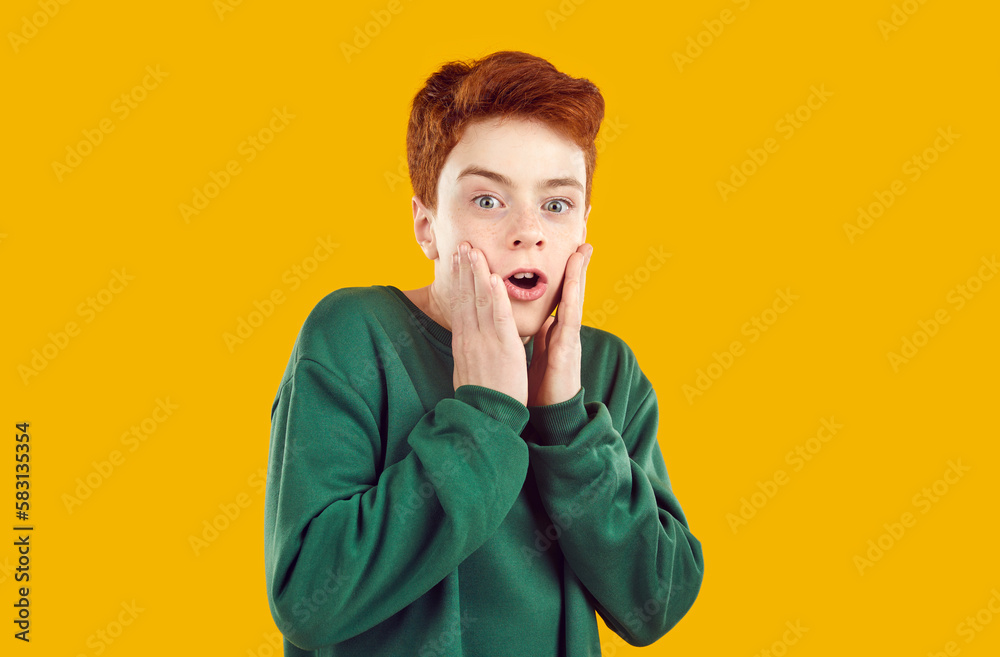 Children's emotions. Portrait of cute red-haired preteen boy who is ...
