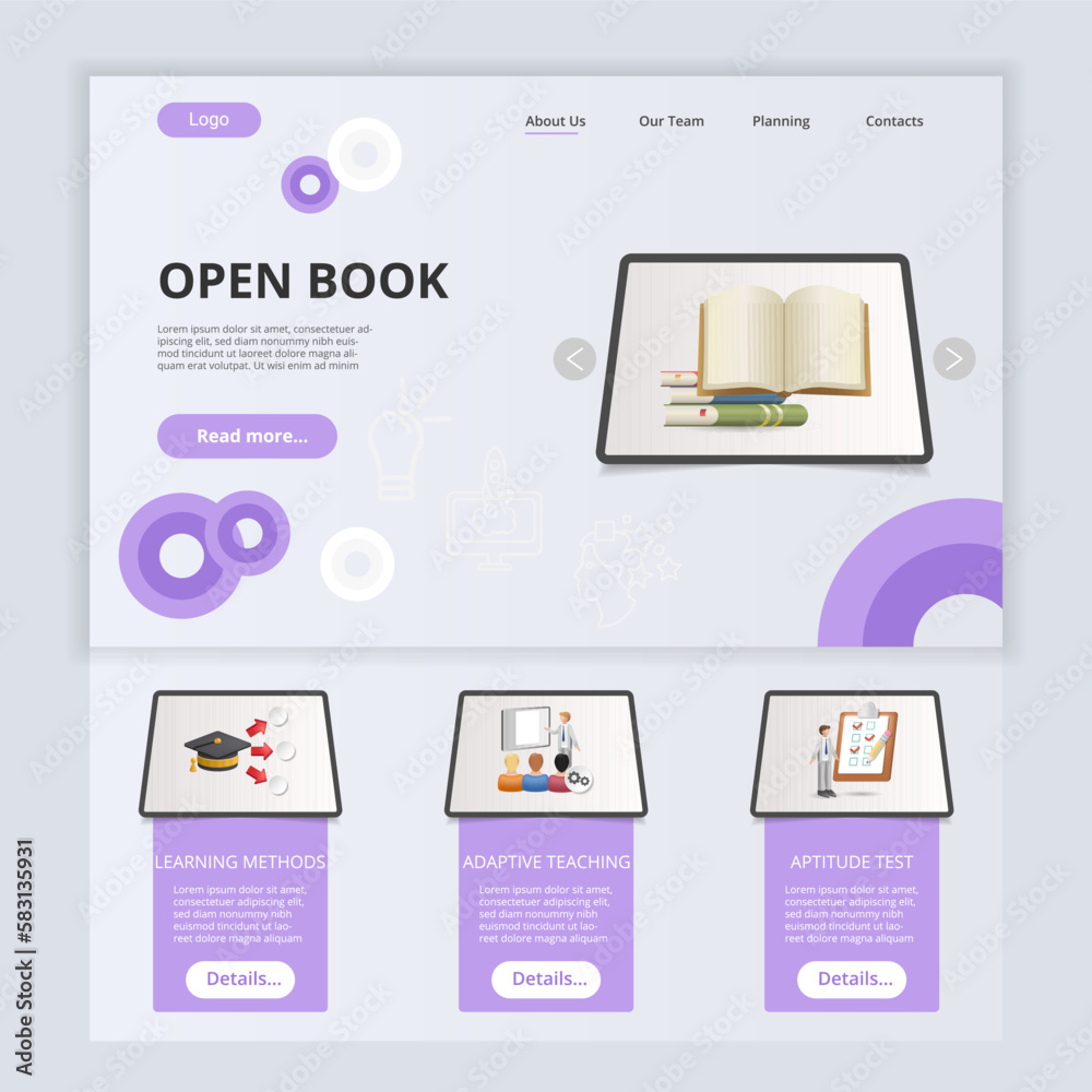 Open book flat landing page website template. Learning methods ...