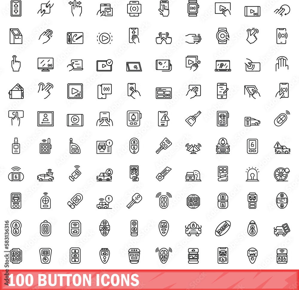 100 button icons set. Outline illustration of 100 button icons vector ...