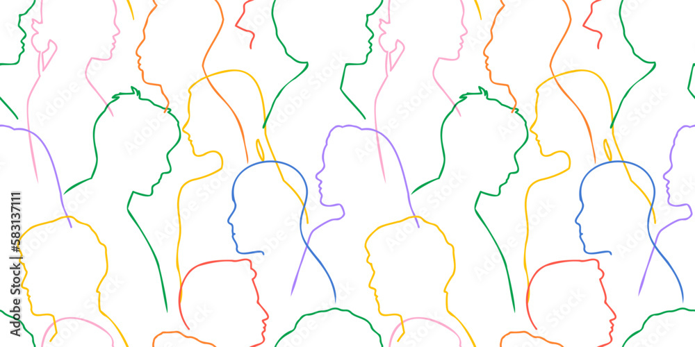 Colorful people crowd silhouette abstract art seamless pattern. Multi ...