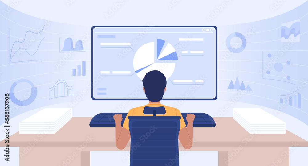 Data engineer at computer making graphs flat color vector illustration ...