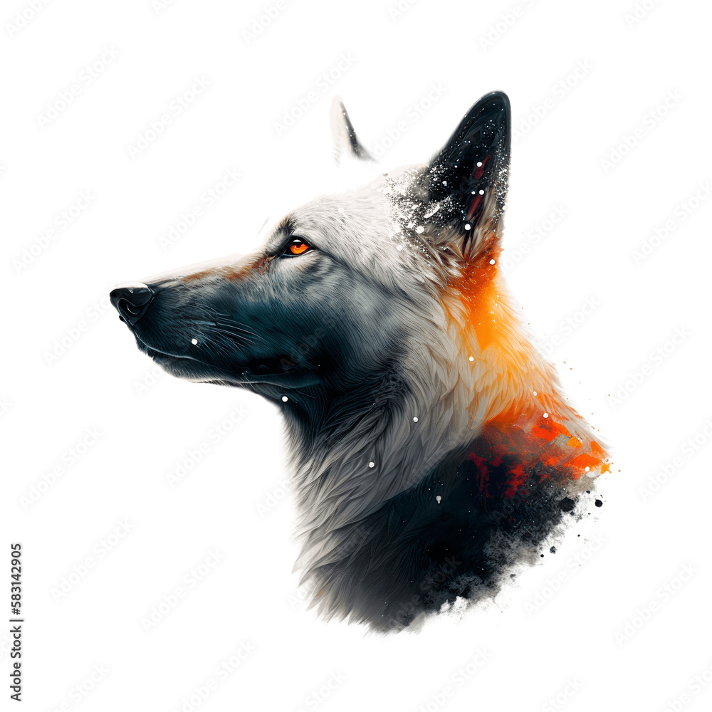 Wolf head isolated transparent with color splash vibrant, close up wolf ...
