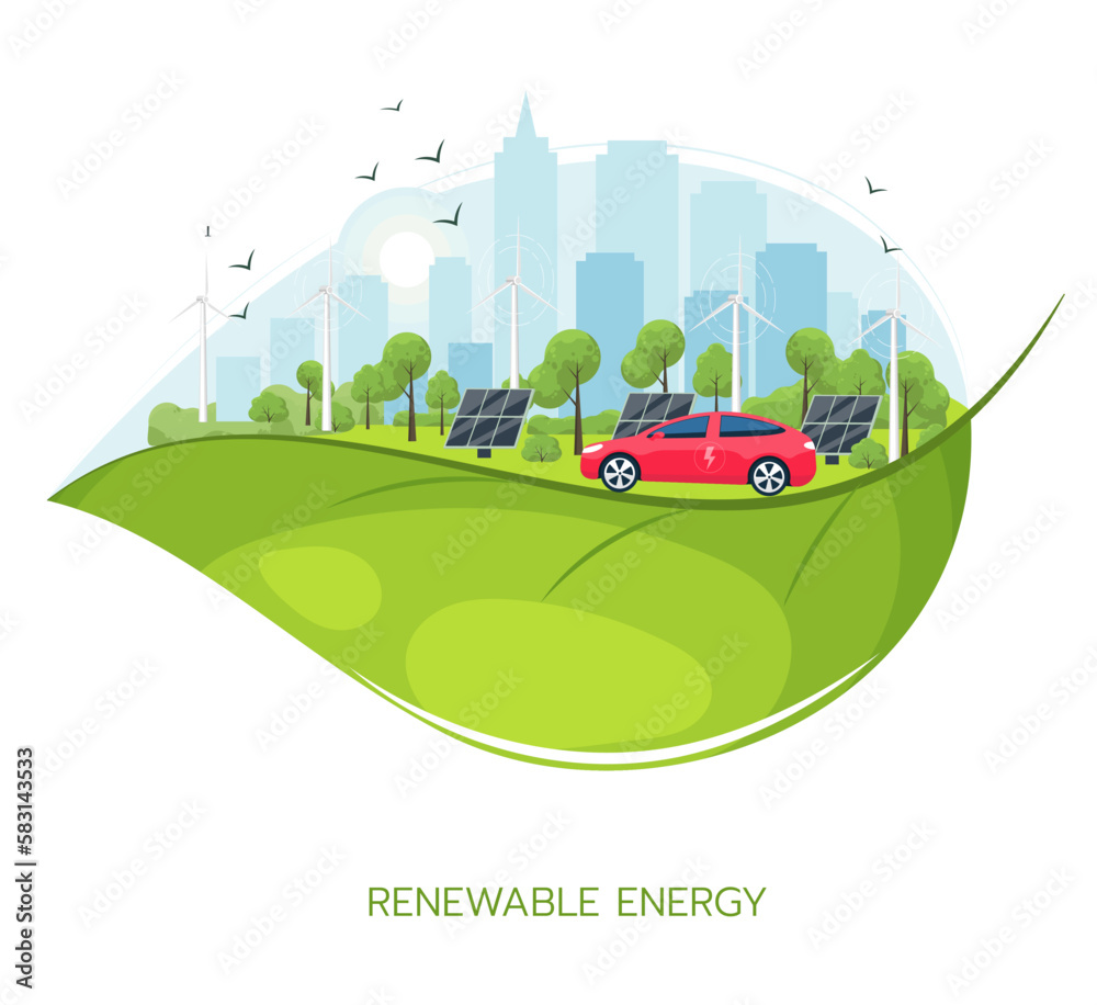 The concept of renewable energy. The electric car, solar panels, and ...