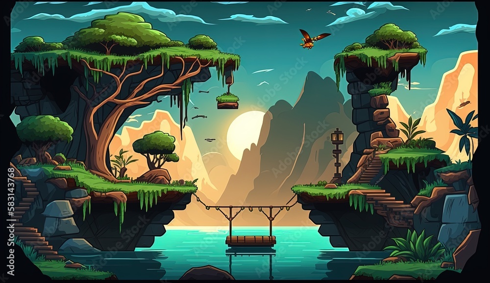 Scenery For A 2d Platform Game Background For Retro Game Generative Ai Stock Illustration 0482