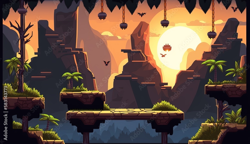 Scenery for a 2D platform game, background for retro game, Generative ...