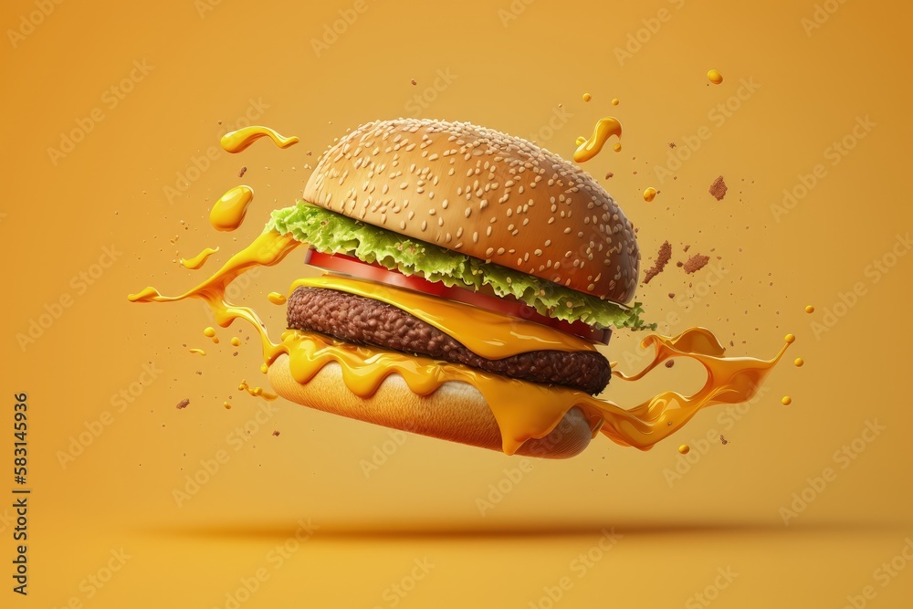 Hamburger isolated on yellow background, hamburger falling and ...
