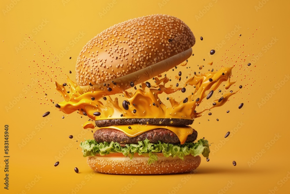 Hamburger isolated on yellow background, hamburger falling and ...