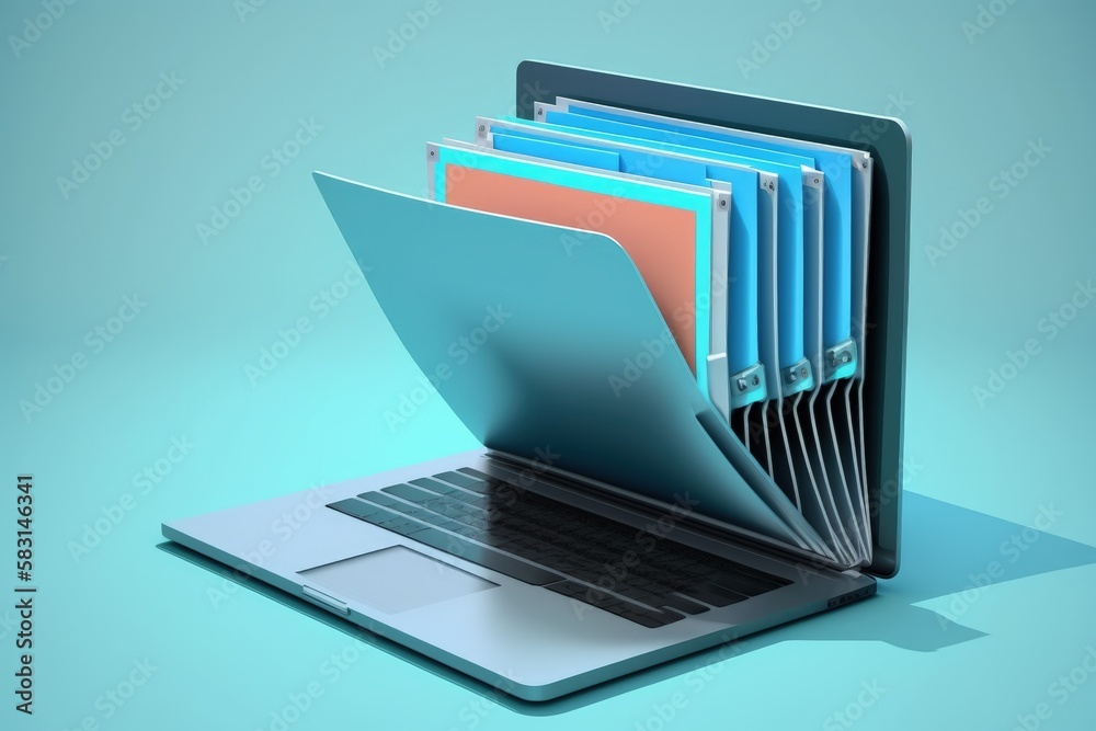 Laptop with file folder on screen, blue background, Generative AI Stock ...