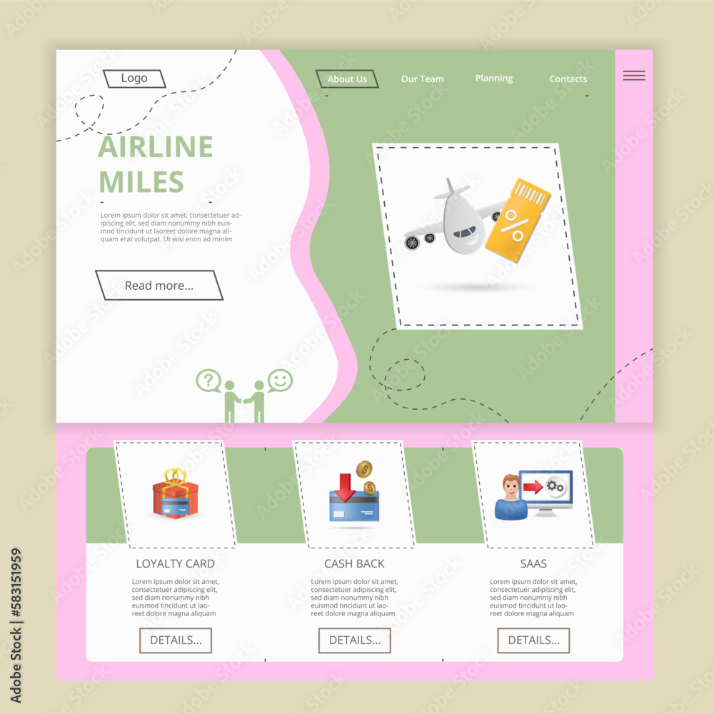 Airline miles flat landing page website template. Loyalty card, cash ...