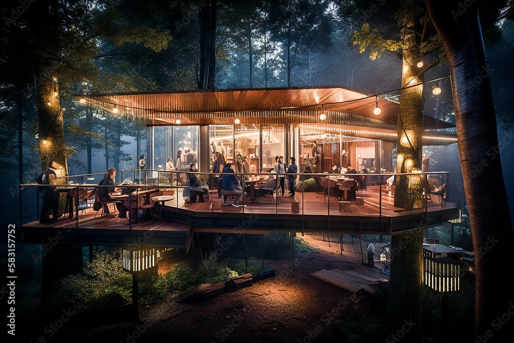 Crowded tree house restaurant in the middle of the forest, made with ...