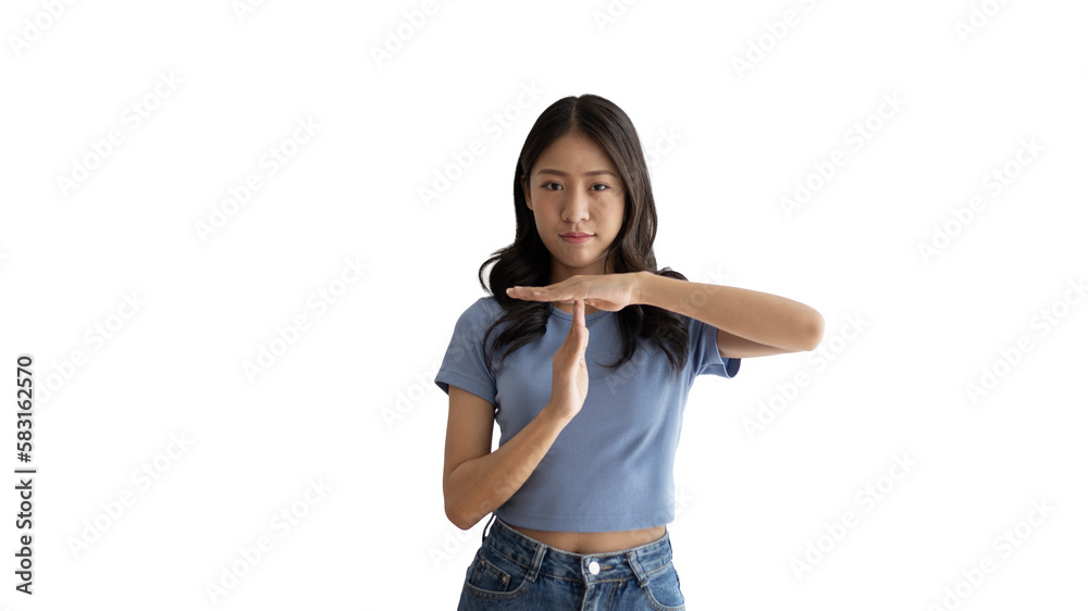 Woman makes a T hand sign indicating a request for a time-out or a ...