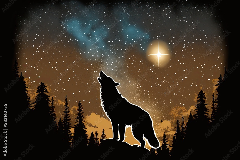 Wolf howling on the mountain with colorful of nebular ,Generative Ai ...