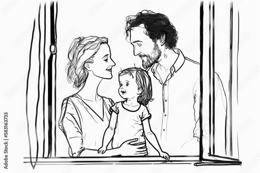 Line drawing of family, Parents taking care of their kid and play with ...