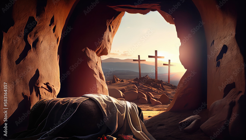 Empty tomb of Jesus Christ. Crucifixions in the rays of the sun ...