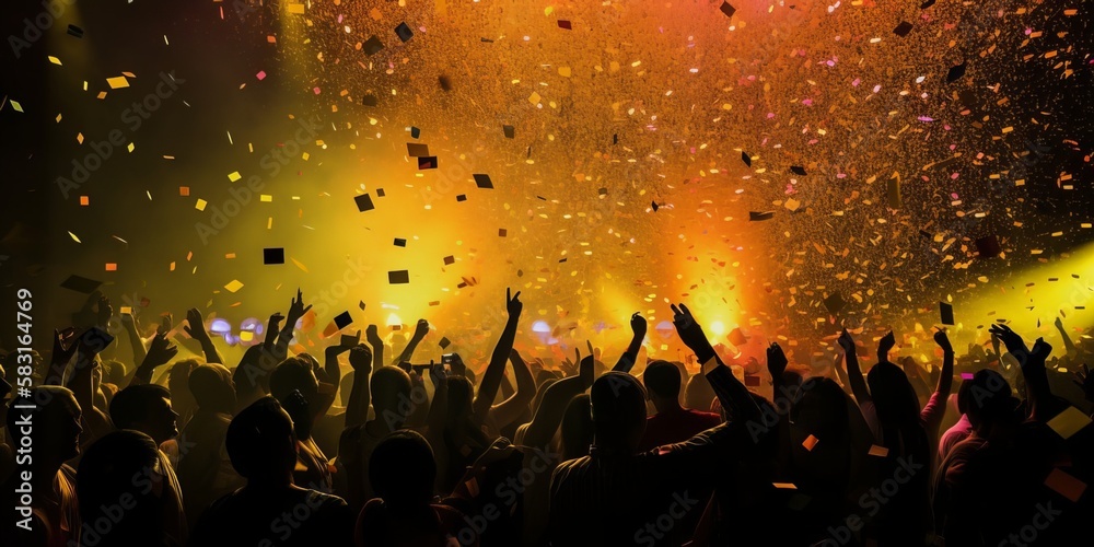 Crowded concert festival with scene stage orange and yellow lights with ...
