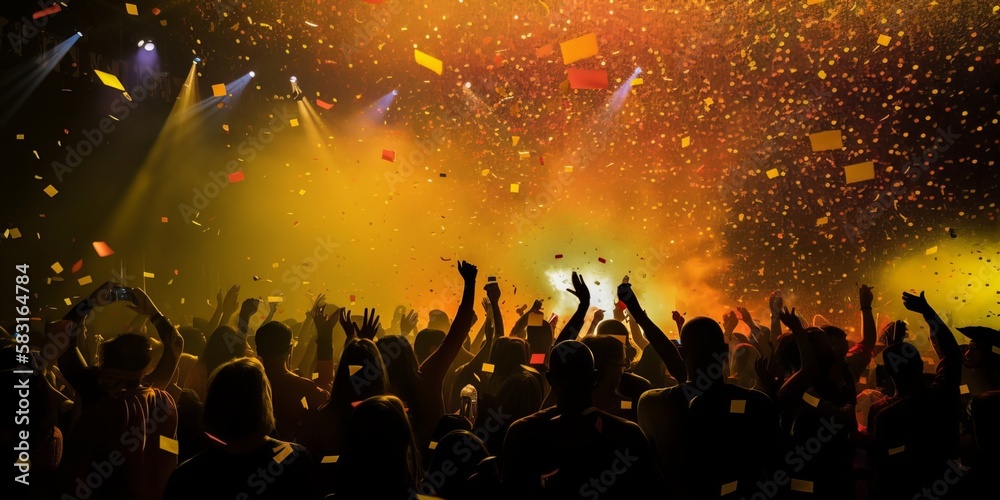 Crowded concert festival with scene stage orange and yellow lights with ...