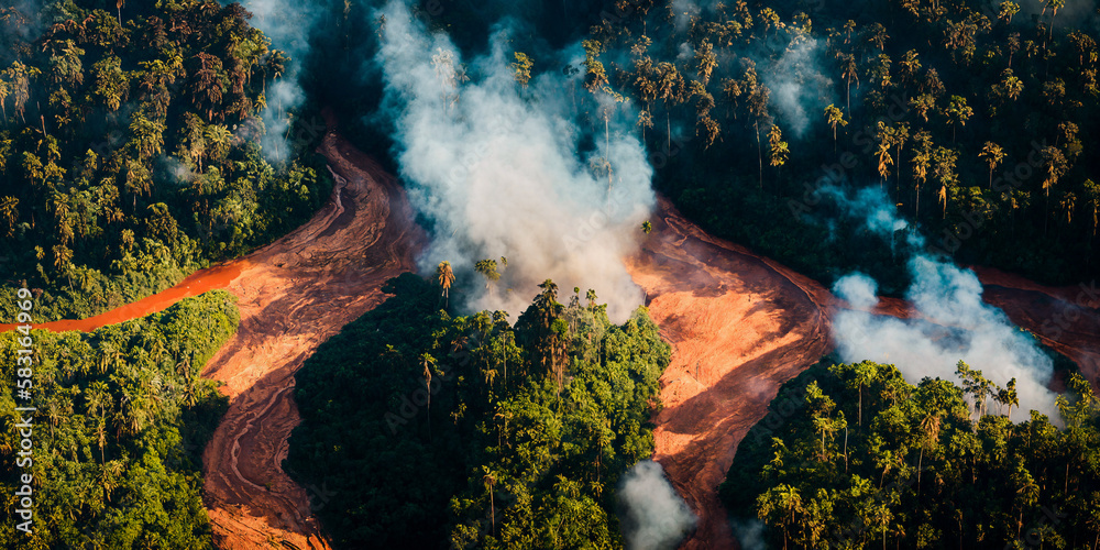 Rainforest deforestation problem. Aerial view of fire clearing. Illegal logging for palm oil ...
